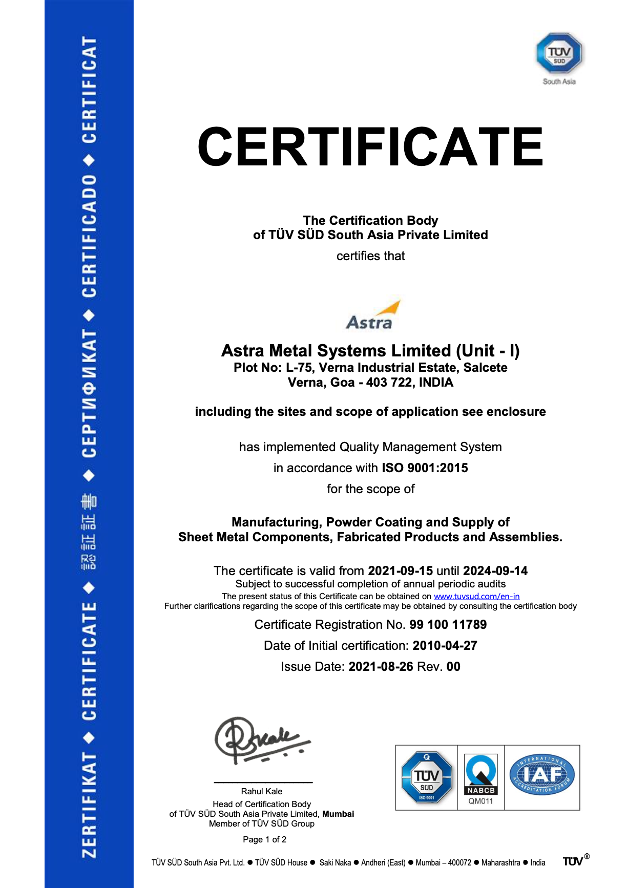 Certifications – Astra Metals